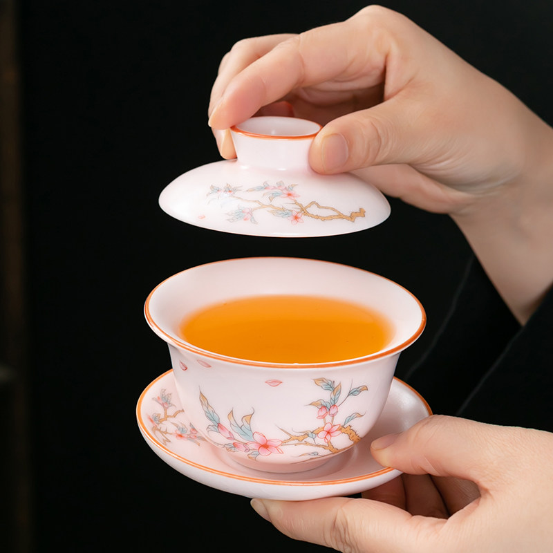 汝窑桃花芬芳三才盖碗粉色女士单个不烫手泡茶碗带盖茶杯功夫茶具
