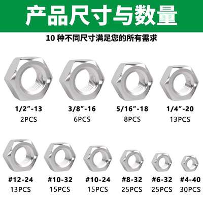 跨境153pcs 304不锈钢 DIN934六角螺母盒装套装4#40—1/2-13
