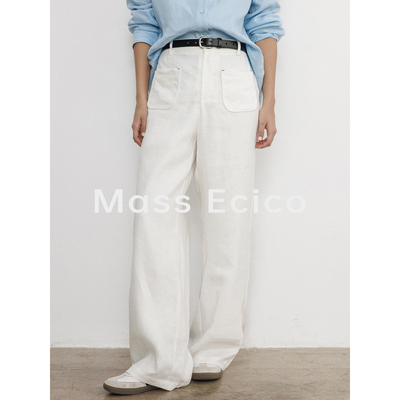 Mass Ecico100亚麻春季高腰设计感休闲裤女2026新款老钱微喇长裤