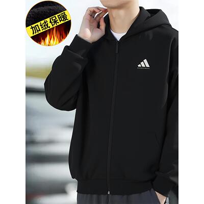 阿迪达斯男针织外套秋运动服加绒保暖连帽上衣宽松夹克KB3064