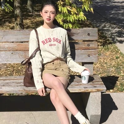 女子舒适亲肤复古做旧圆领短款套衫毛衣3FKPV0354-3FMTB0454