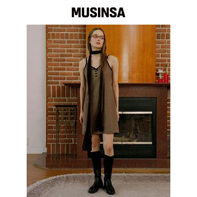 LETTERA 天鹅绒缎带格纹连衣裙_棕色格纹 MUSINS韩国官网直邮进口