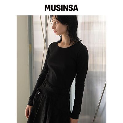 320SHOWROOM 圆领棉质氨纶T恤 黑色 MUSINSA韩国直邮官方正品