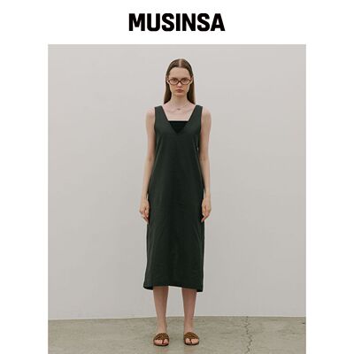 320SHOWROOM 双面包裹无袖长亚麻裙炭灰色 MUSIN韩国官网直邮进口