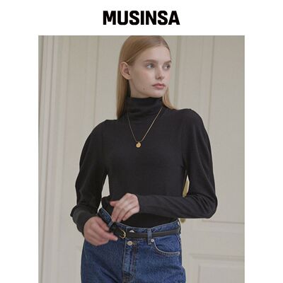 NONLOCAL 羊毛天丝蓬松袖高领衫 - 黑色 MUSINSA韩国直邮官方正品