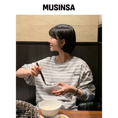 SOMEWHEREBUTTER Wappen Stripe Long Top - 灰 韩国官网直邮进口