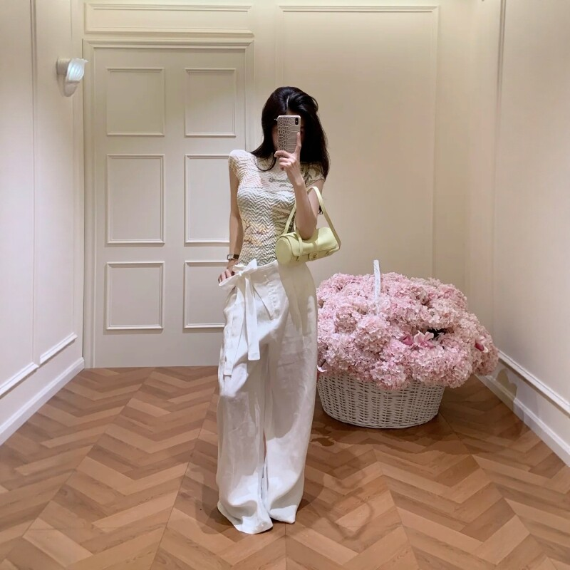 2026韩系松弛感洋气小众休闲独特短袖上衣绑带宽松阔腿长裤套装女