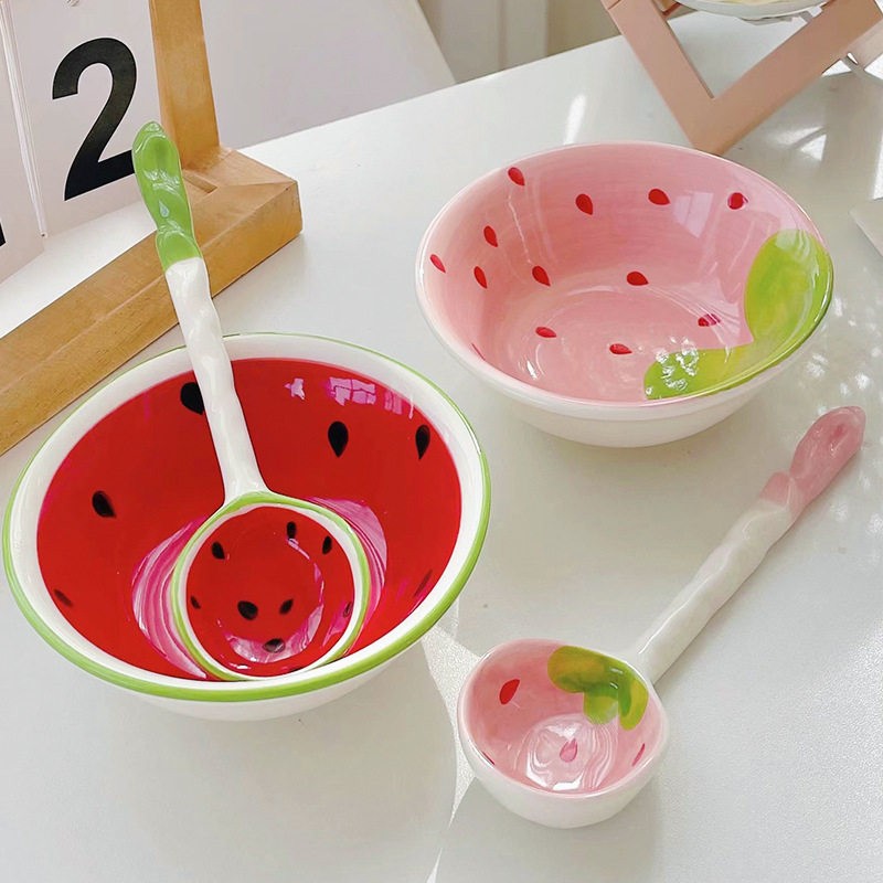 特别好看的餐具ins高颜值卡通陶瓷碗 ins风草莓碗西瓜勺子儿童可
