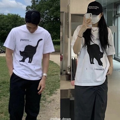 韩国小众潮牌ITZA*IBE夏季新款百搭原宿黑猫印花男女宽松短袖T恤