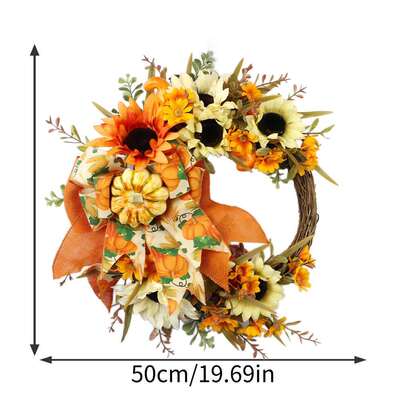 19.69 英寸秋季南瓜印花蝴蝶结搭配向日葵装饰花环