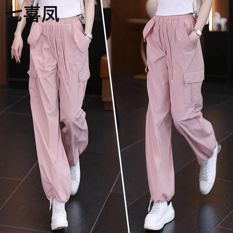 直筒美式工装裤女夏季薄款新款高腰宽松多口袋运动裤子夏女裤