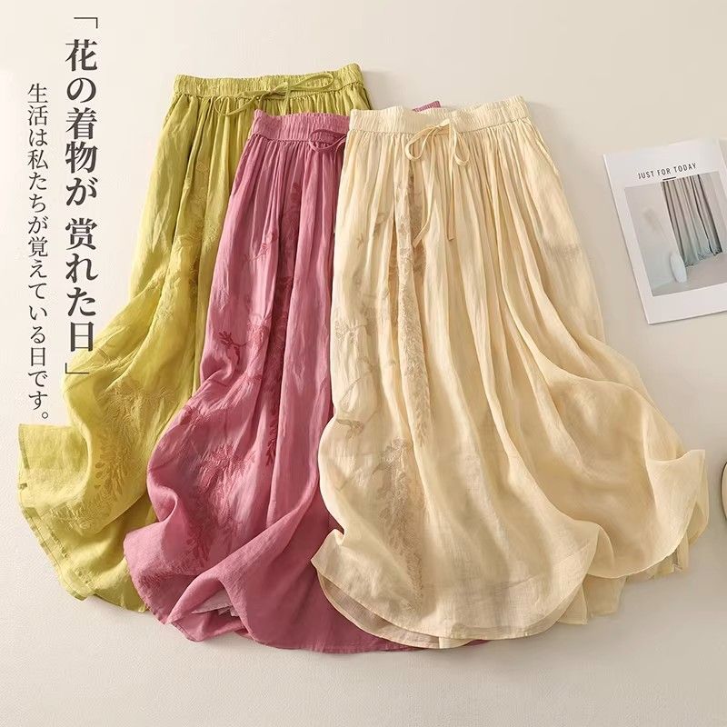 松紧腰裙子刺绣设计大码女中长款宽松显瘦夏季新款百搭明艳半身裙