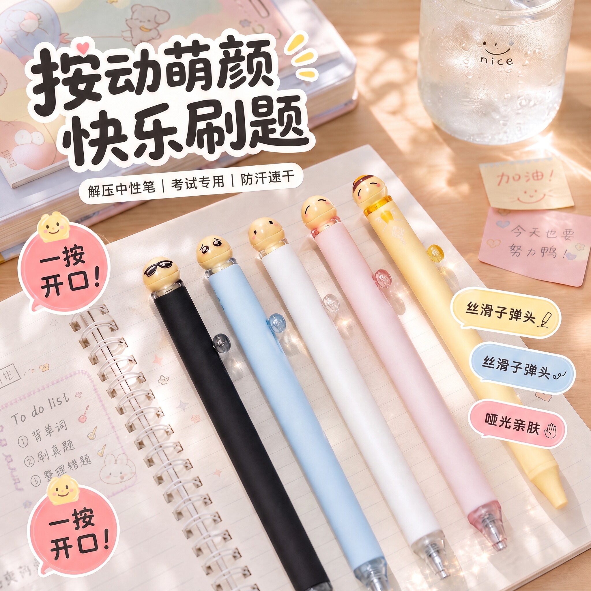 MENIU米扭ET小萌颜系列可爱高颜值萌趣笑脸按动式中性笔黑色学生考试刷题专用笔日常书写防水不晕染办公学习