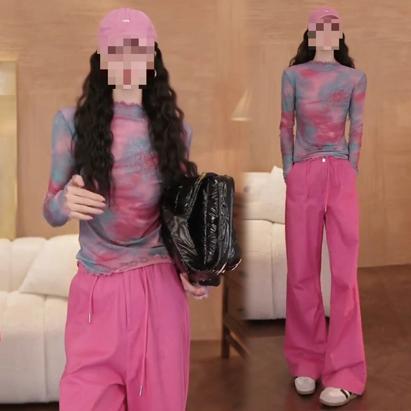 千禧风扎染网纱上衣+火龙果色阔腿裤套装女秋季甜辣个性两件套