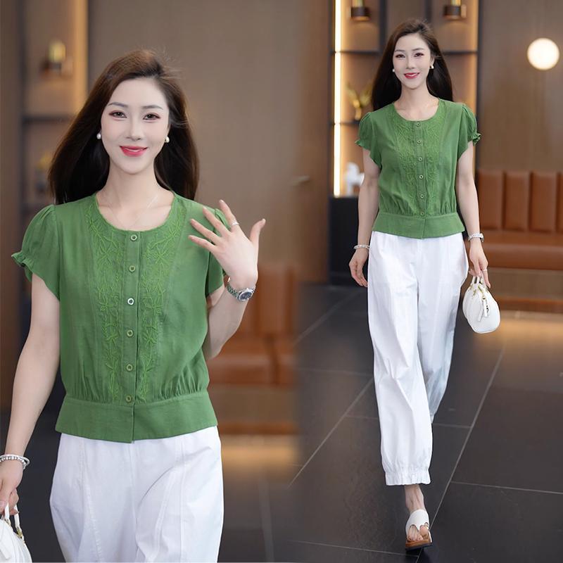 时尚洋气套装女2026夏季新款设计感刺绣短袖衬衫阔腿裤显瘦两件套