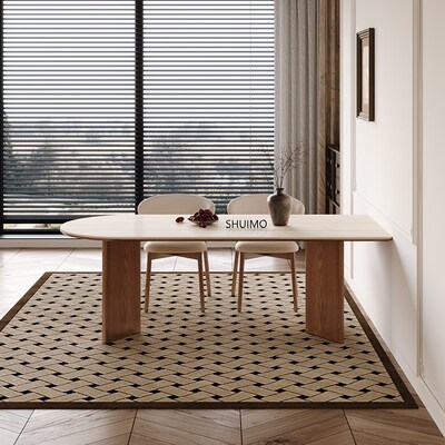 德利丰岩板洞石法式餐桌家用小户型轻奢奶油半圆长方形餐桌子客厅