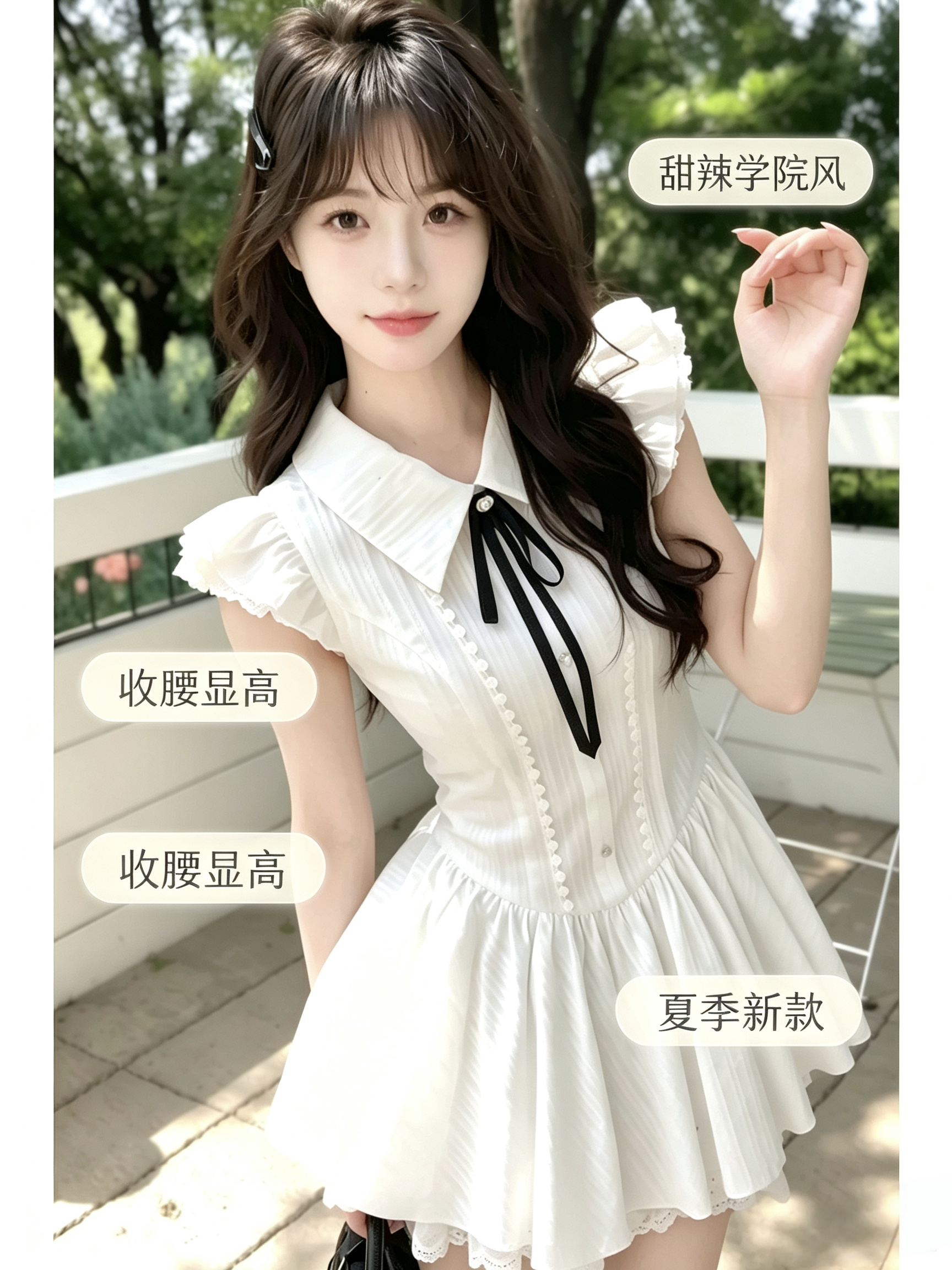白色小飞袖收腰连衣裙女夏季学院风纯欲甜辣妹短款初恋蓬蓬百褶裙
