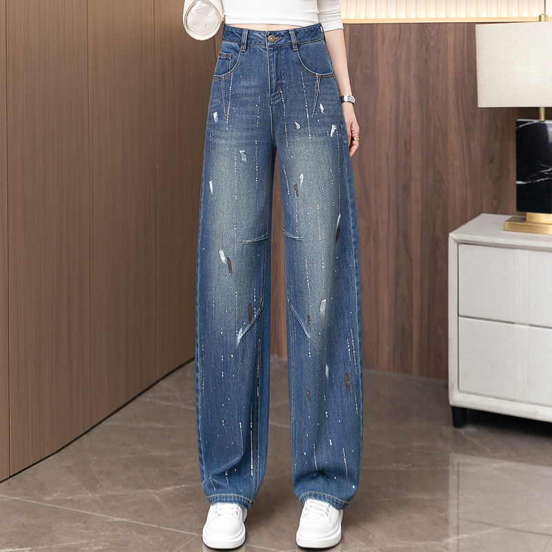 新款烫钻遮肉弯刀设计感阔腿牛仔裤女2026新款高腰垂感休闲直筒裤