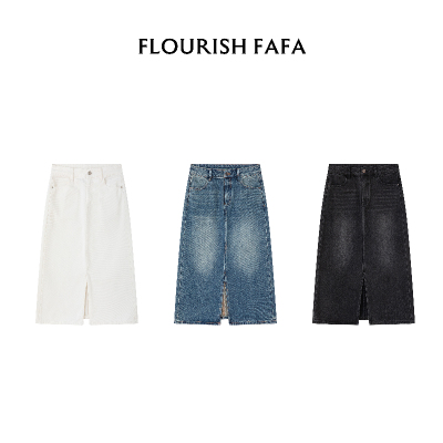 FLOURISH FAFA休闲高腰百搭夏季气质显瘦开叉时尚牛仔长裙