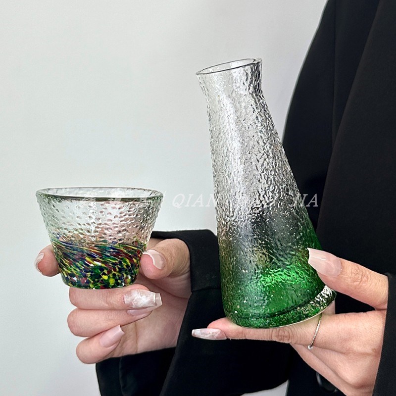 新款日式绿金箔底清酒壶家用一人套装精致玻璃小酒杯托盘清酒酒具