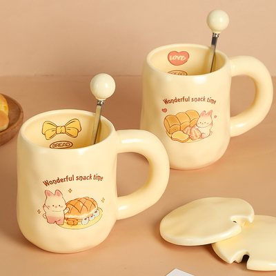 ABF奶fufu杯子可爱陶瓷杯马克杯带盖带勺子咖啡杯女生办公室水杯