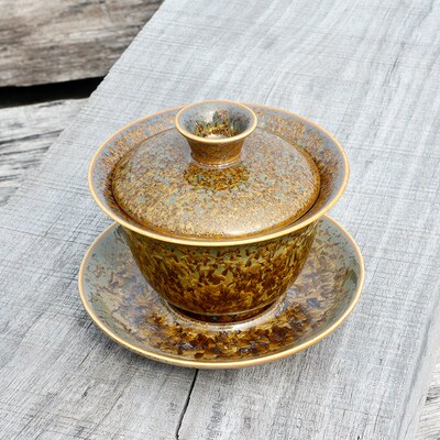 窑变陶瓷三才盖碗单个松针结晶釉办公室家用功夫茶具泡茶碗茶杯