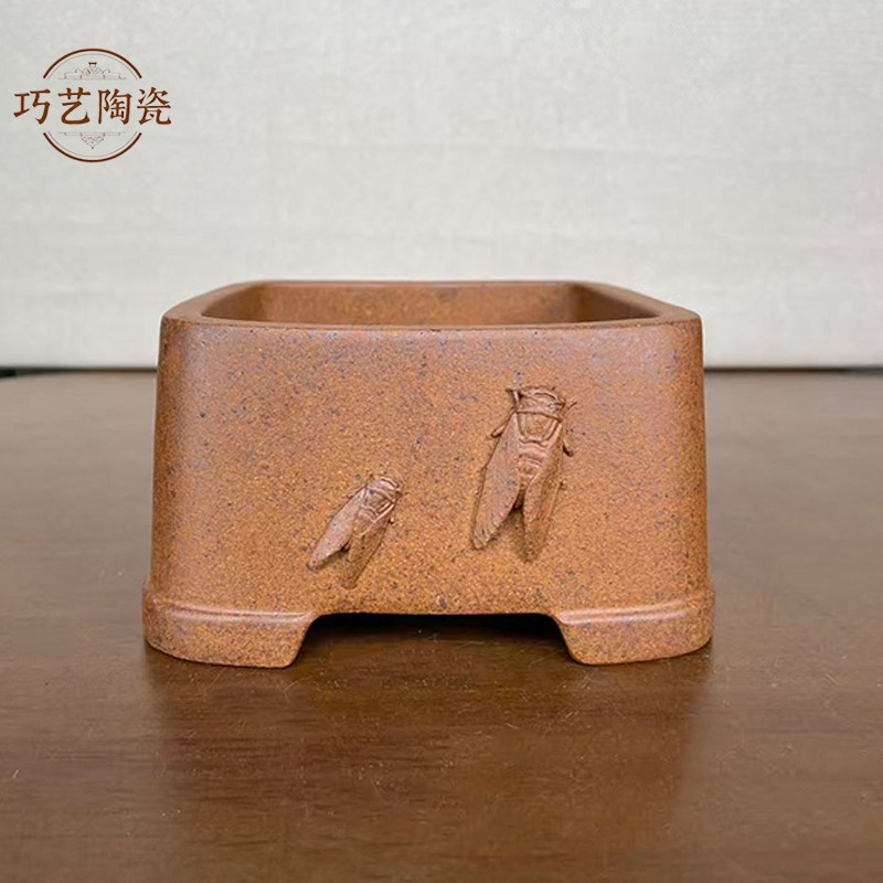 精美手工复古柴烧盆景花盆小号紫砂花盆带兽头粗陶透气多肉盆栽盆