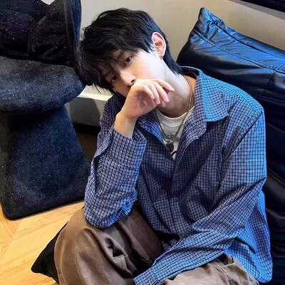 miu系皇家蓝色格纹抽绳翻领长袖boxy短宽秋冬百搭休闲防晒衬衫男