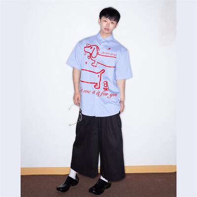 FEAR4FREE Outline versino条纹鱼骨衬衫腊肠狗印花休闲短袖男女