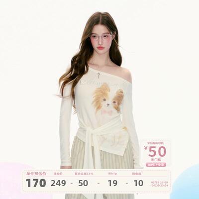 【鹤秋同款】AYF汪汪物语 斜肩收腰绑带休闲复古长袖小狗T恤