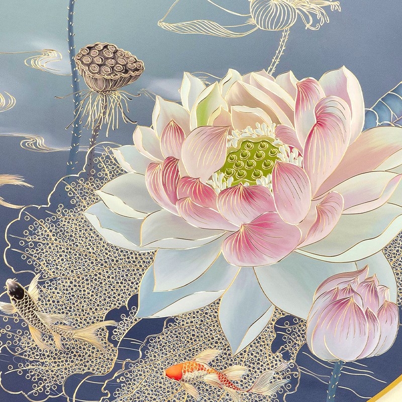 手工錾刻 铜雕画《荷花锦鲤图》玄关圆形挂画 客厅入户门厅装饰画
