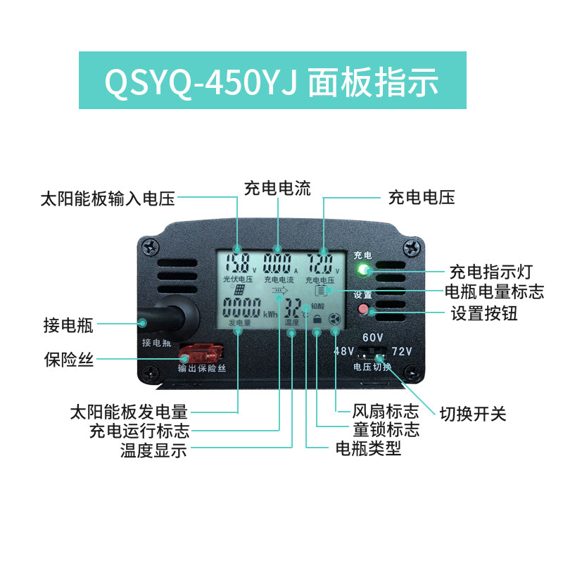 MPPT太阳能控制器 三段式可调充电器 适配48V60V72V设备 带手机充