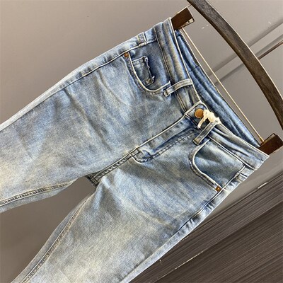 浅蓝色弹力秋季小个子高腰牛仔微喇裤女开叉毛边直筒九分烟管裤子