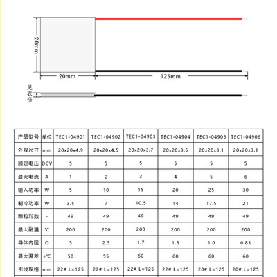 5V半导体制冷片小功率TEC1-04901/04902/04903/04904/04905/04906