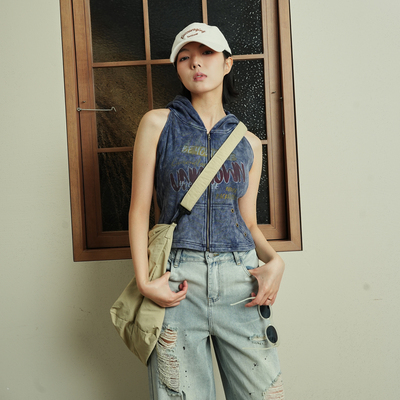 西町村屋潮酷洗褪印花无袖T恤女