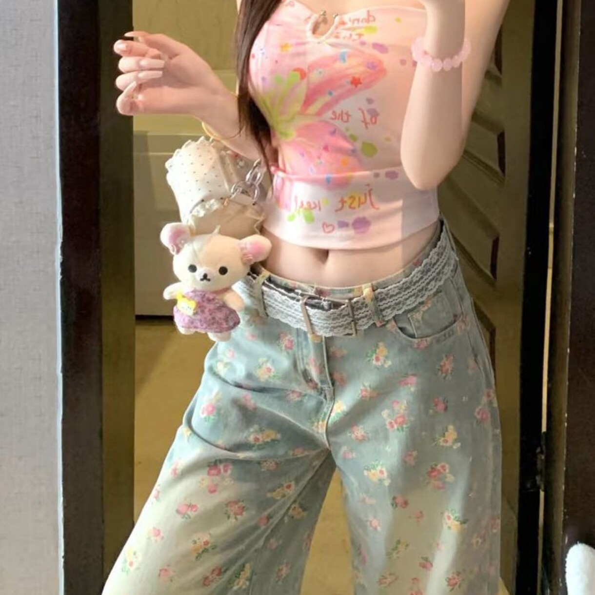 美式复古水洗花卉满印牛仔裤女夏季设计感高腰宽松显瘦直筒阔腿裤