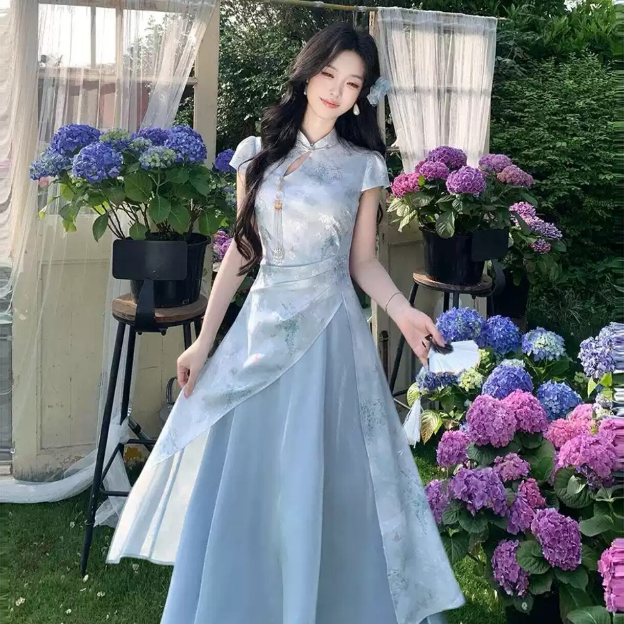 幻彩流云2026年蓝色新中式温柔百搭风国风收腰琉光纱旗袍裙