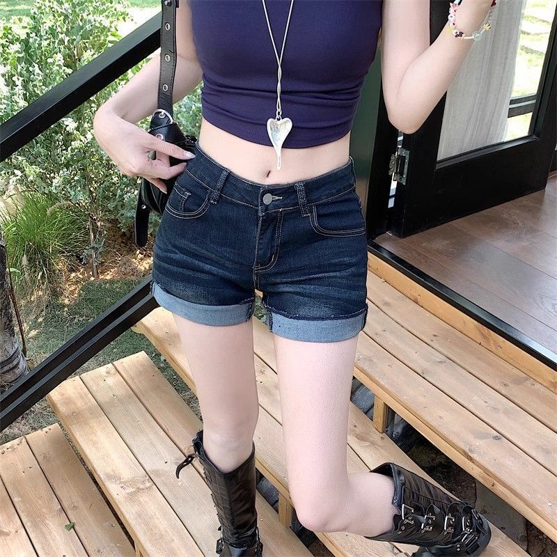 美式辣妹高腰性感超短裤热裤牛仔裤女夏季深蓝色设计感卷边短裤子