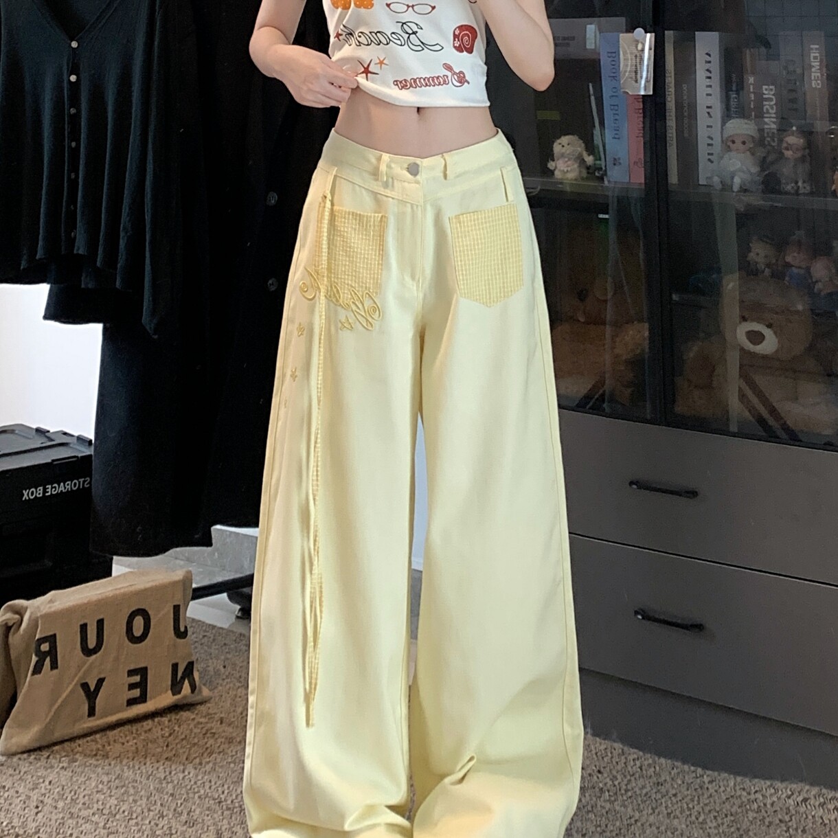 实拍星星字母刺绣裤子女轻亚风Y2K显瘦阔腿裤垂感宽松休闲裤