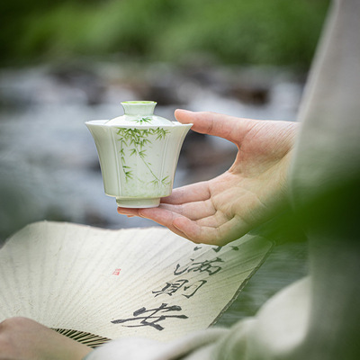 小苍翠手绘竹子陶瓷盖碗 功夫茶具家用泡茶碗 清新风格喝茶杯新品
