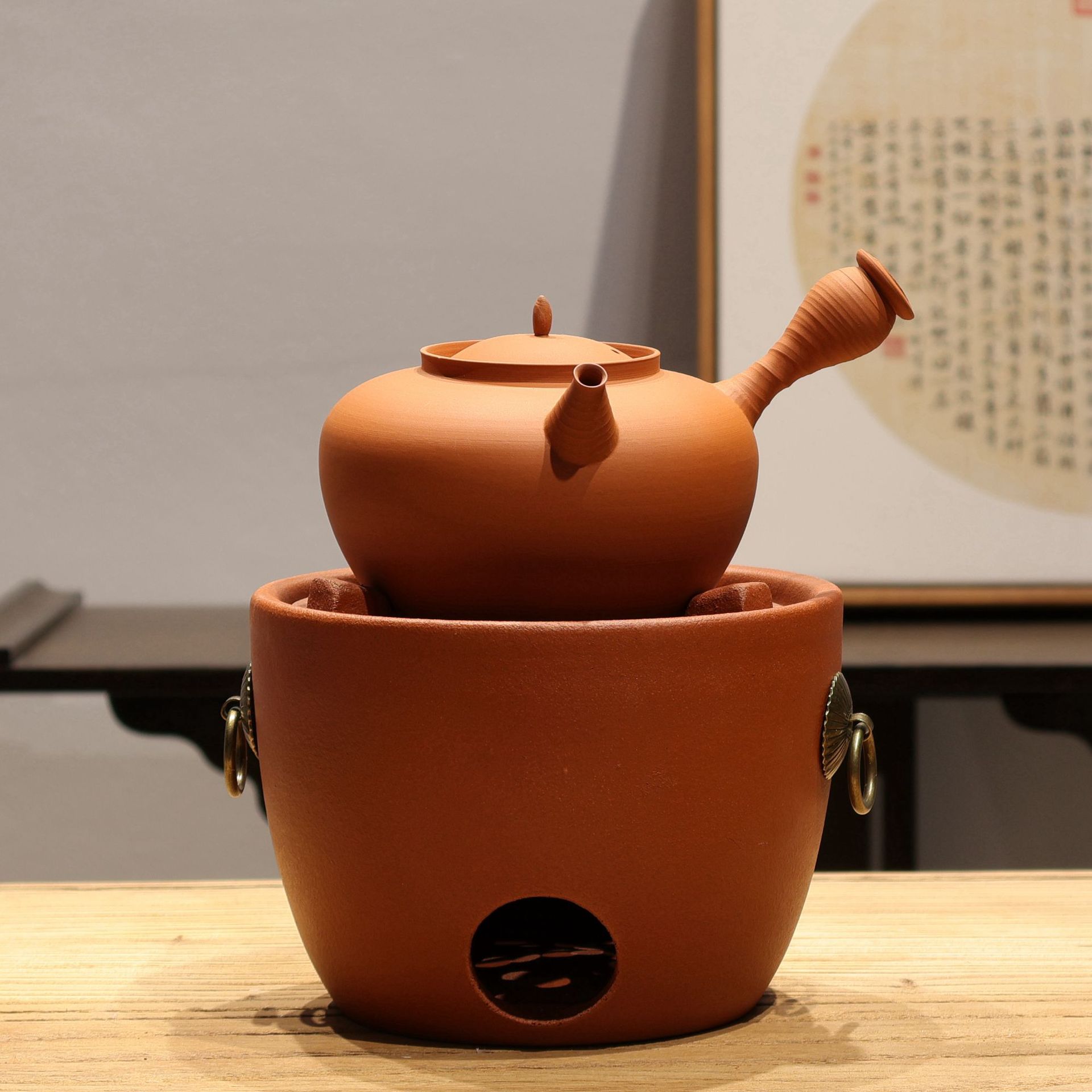 围炉煮茶碳炉潮州红泥传统电陶炉用朱泥煮茶壶炭电两用户外