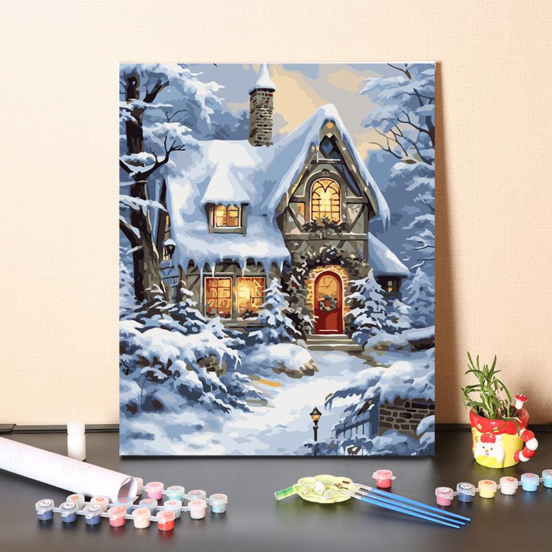 数字油画diy手工填充消磨时间冬天雪景城堡风景画手绘涂色油彩画