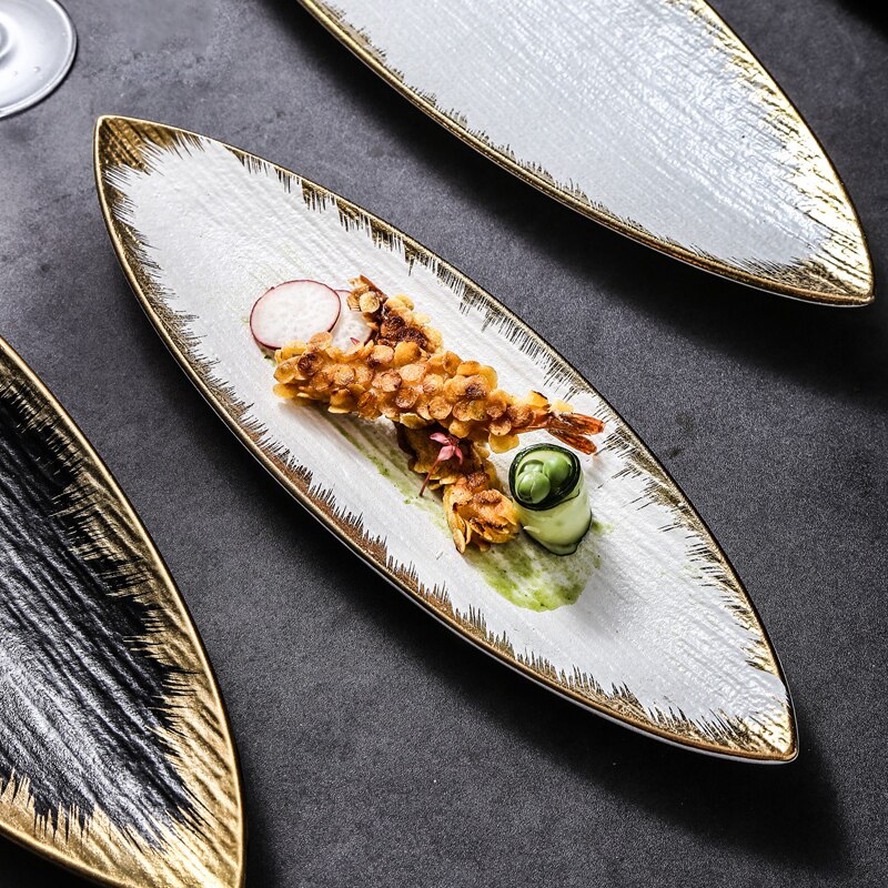叶形寿司日式盘子创意饭厅酒店陶瓷甜品餐具餐盘金边磨砂西餐摆盘