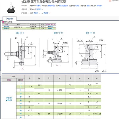 怡合达真空吸盘WEH37-d15 WEH36-d10-d6-d8-d20-d30-d40-50