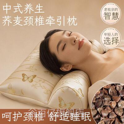 颈椎枕荞麦壳枕新中式织锦缎家用人儿童睡觉三角加热连体枕成可拆