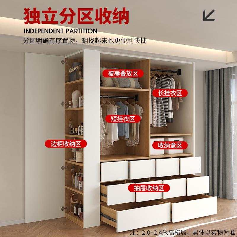 全实木衣柜家用卧室定制加厚背板轻奢平开门到顶柜子挂衣橱包安装