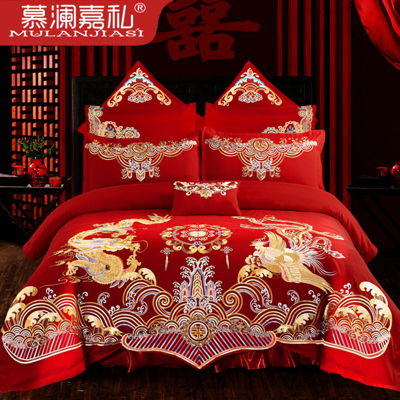 婚庆四件套刺绣新婚床品结婚大红喜庆套件龙凤绣花婚礼.婚嫁多件
