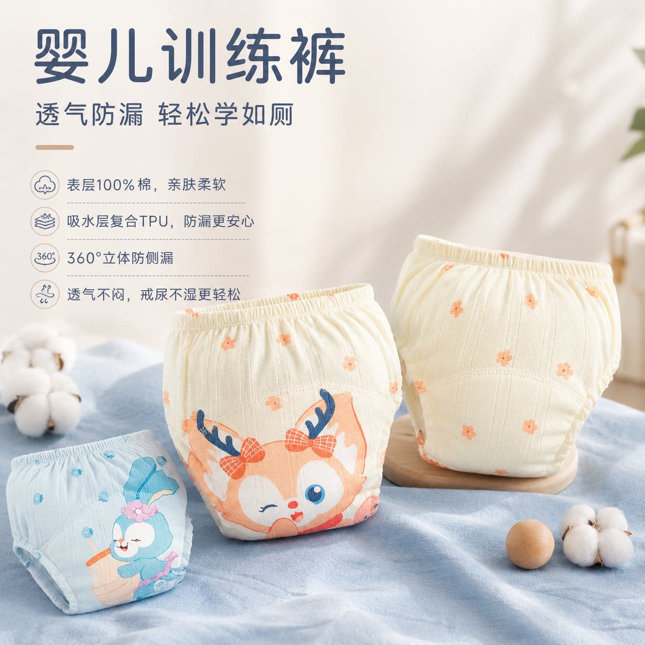 婴儿卡通印花可洗训练裤纯棉透气防侧漏宝宝布尿裤戒尿不湿可水洗