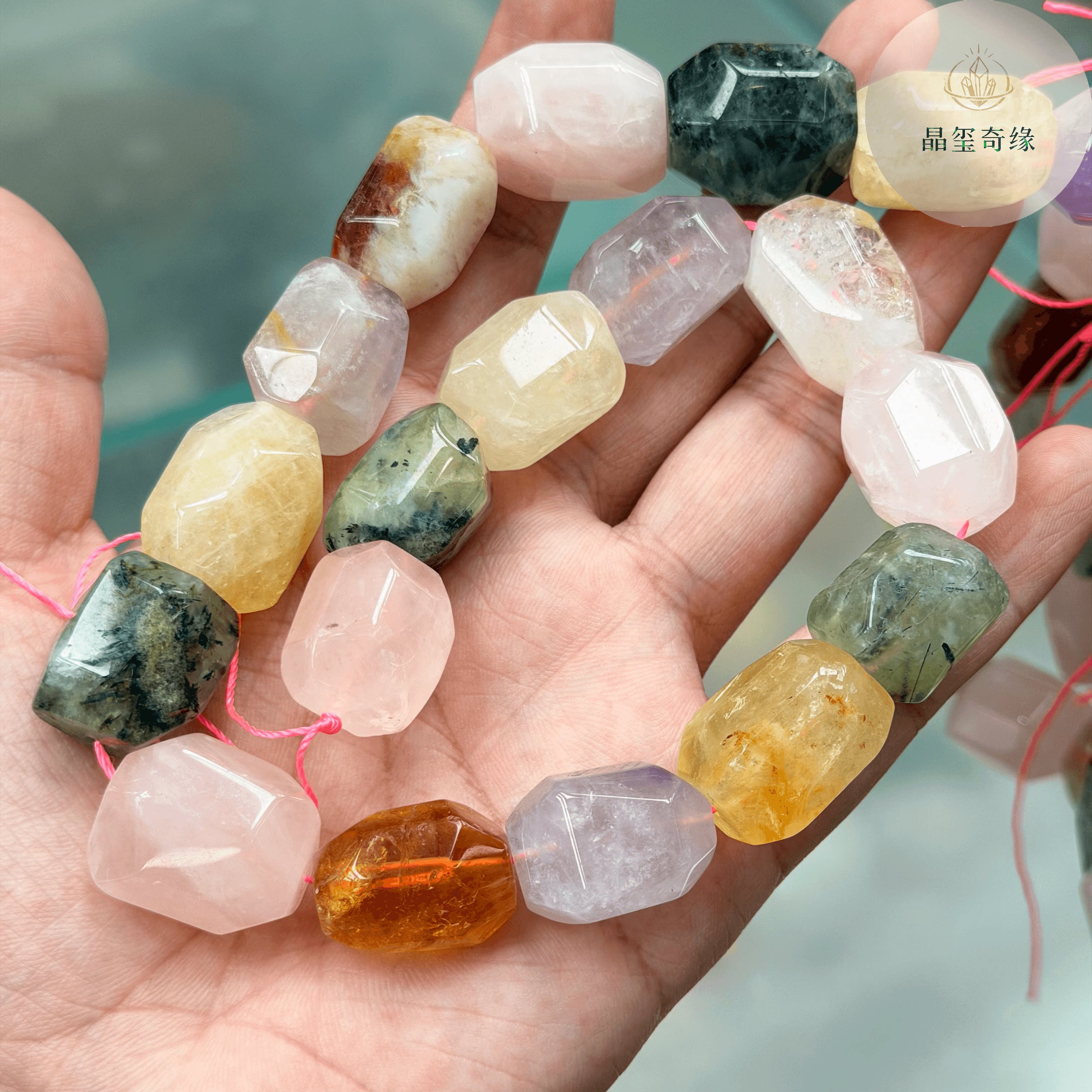 纯天然原石水晶切面紫水黄水粉晶葡萄石竖孔大颗粒切面桶珠半成品