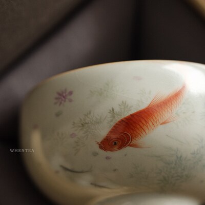 闻说景德镇市纯手绘天青汝窑品茗杯《自在鲤》晓华制